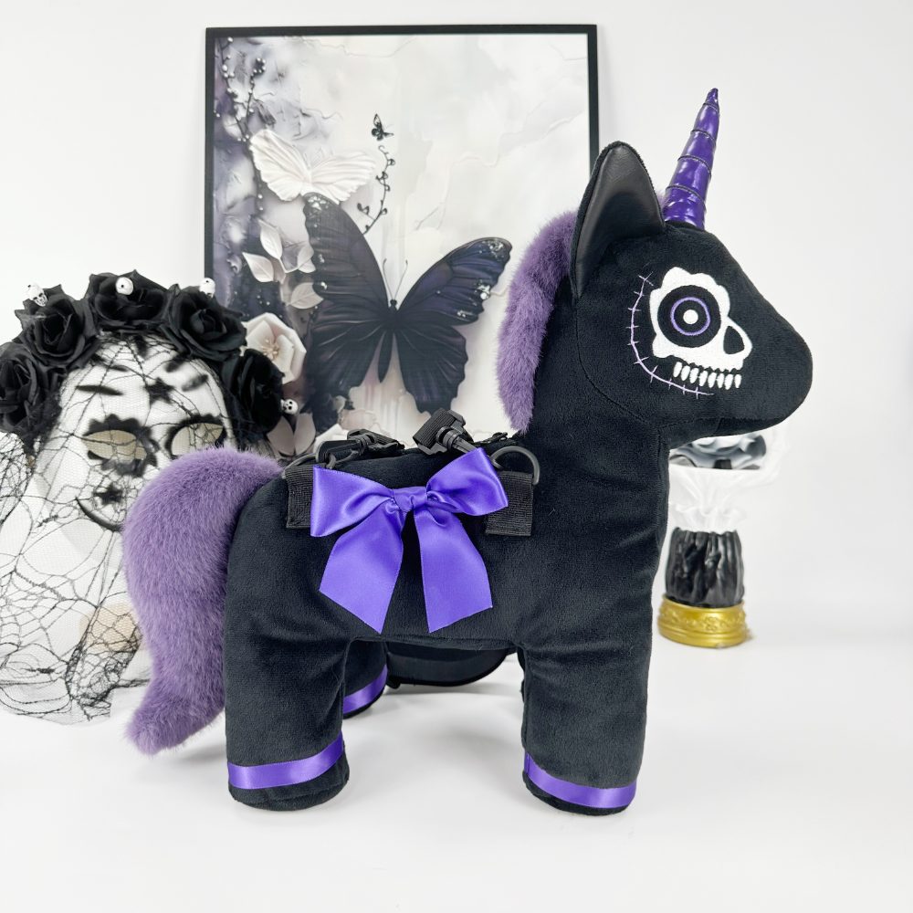 Goth Black and Purple Skeleton Unicorn Plush Bag – PlushThis| Plushies & Stuffed Animals